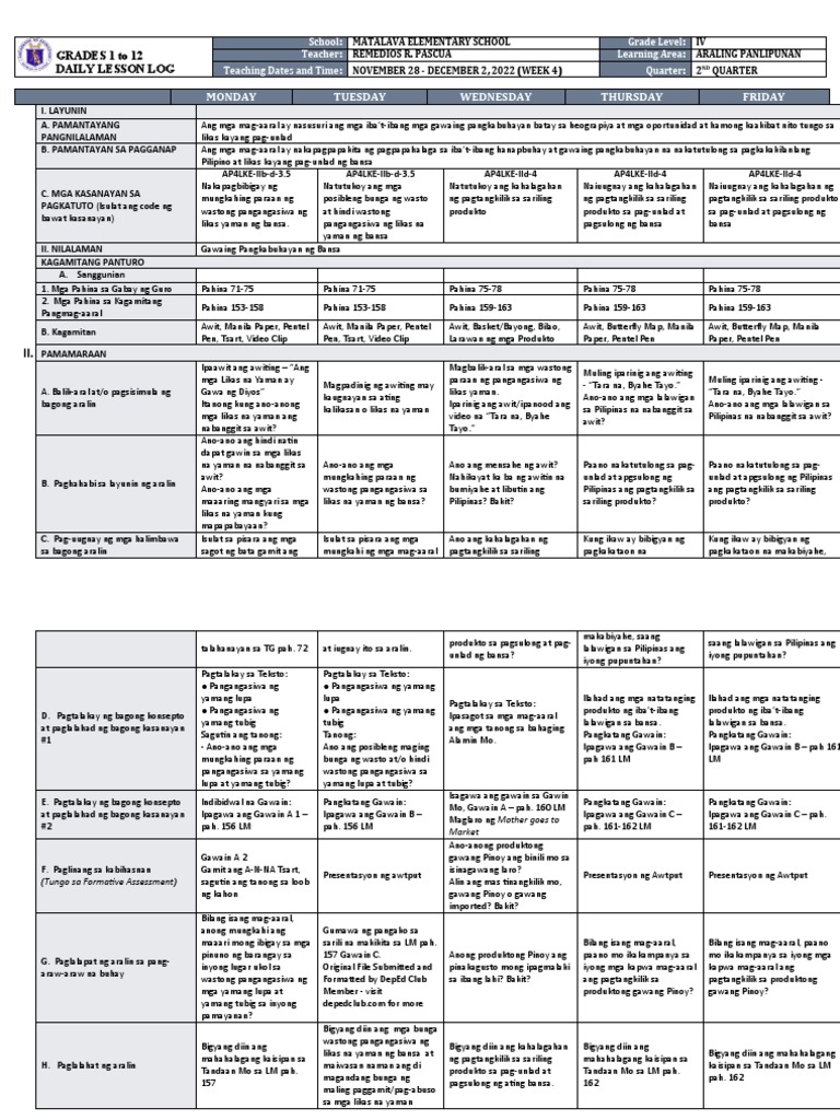 DLL - Araling Panlipunan 4 - Q2 - W4 | PDF