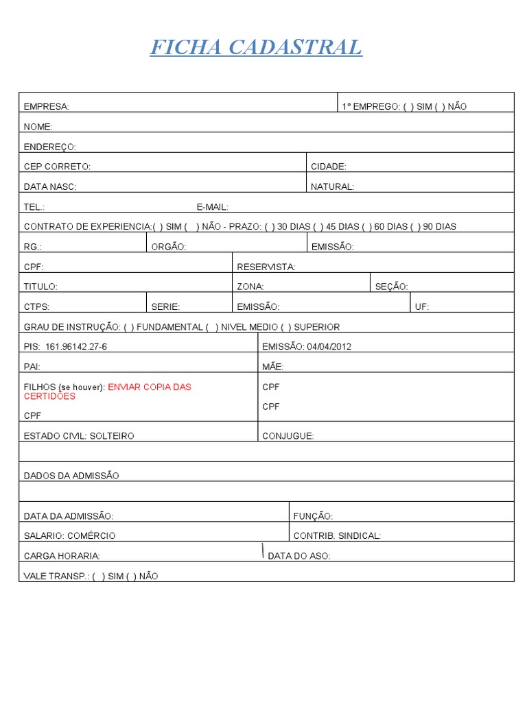 Ficha de Cadastro Funcionario | PDF