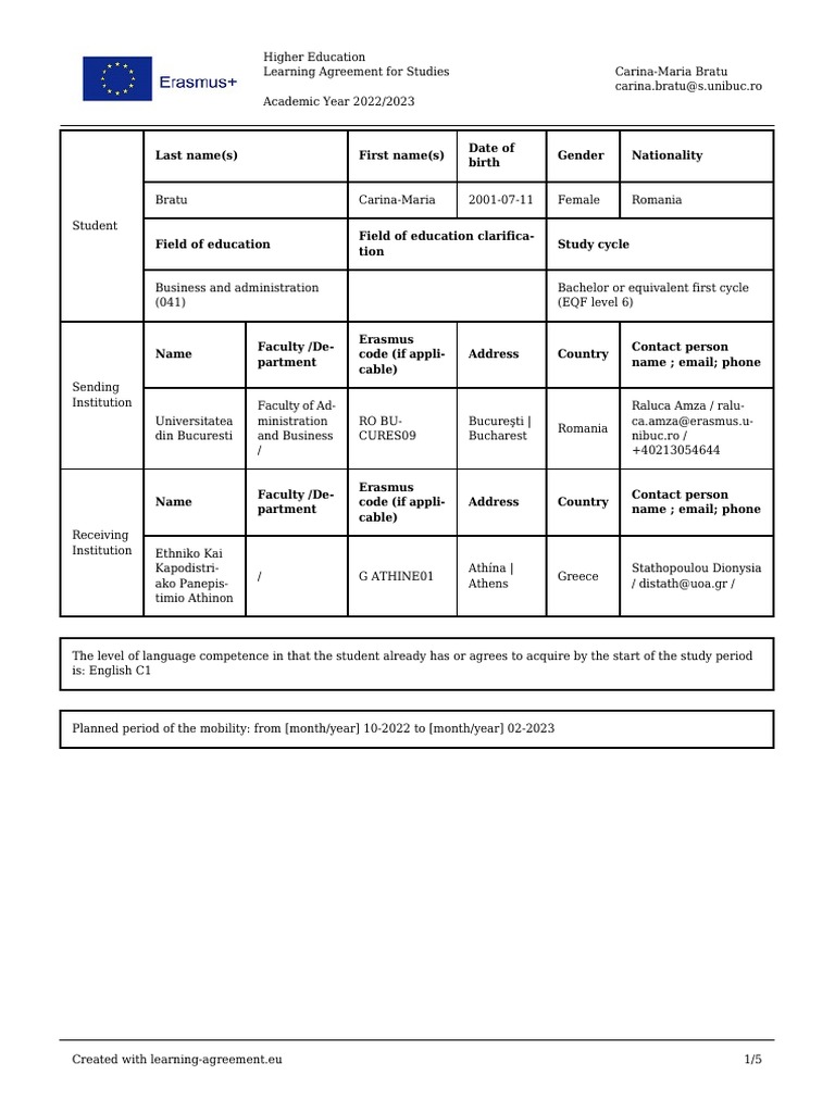 Bratu Carina-Maria Learning Agreement | PDF