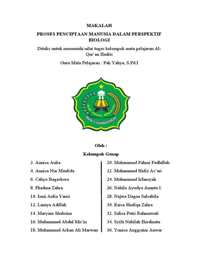Makalah Kelompok Genap Penciptaan Manusia Dalam Perspektif Al-Qur'an Dan Biologi | PDF