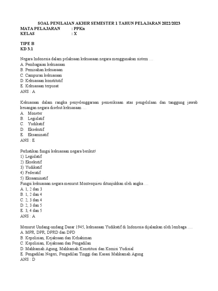 Soal Pas Sem 1 PPKN Kelas X 2022 Tipe B | PDF