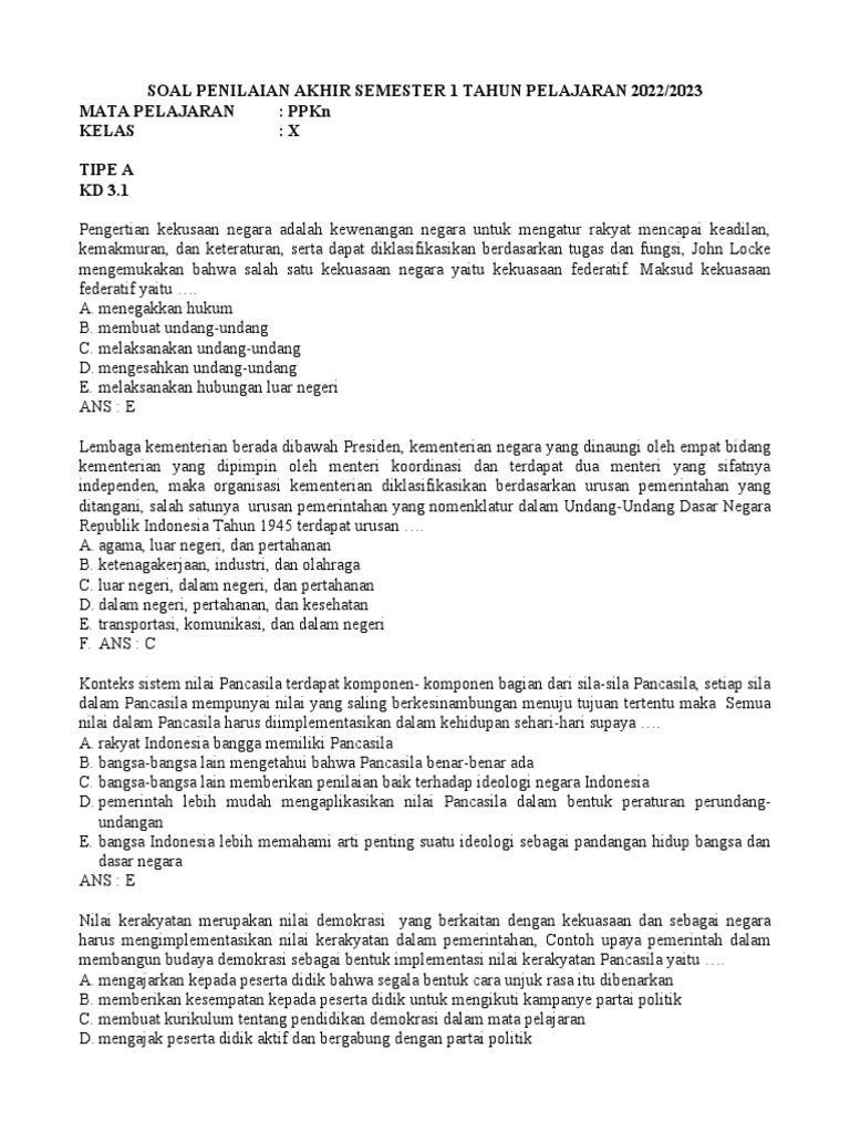 Soal Pas Sem 1 PPKN Kelas X 2022 Tipe A | PDF
