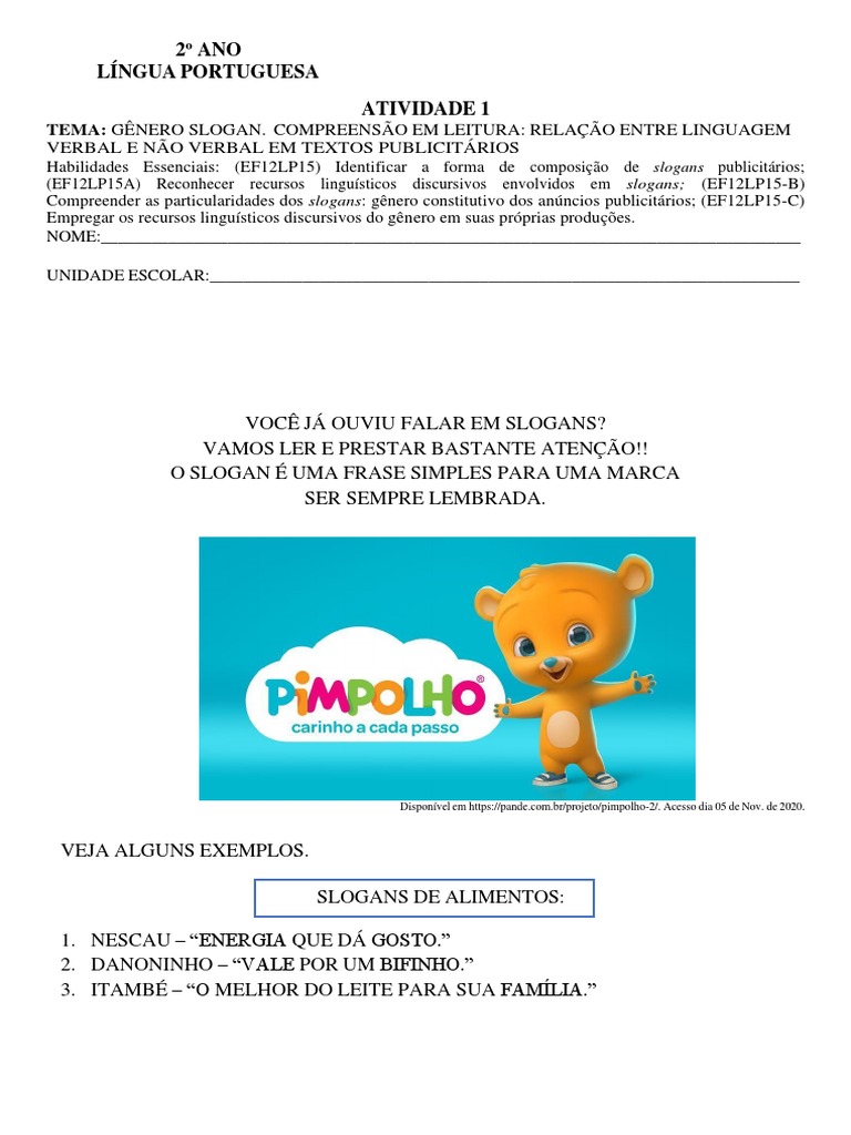 Atividades de Slogan para 2º Ano | PDF | Publicidade | Linguística