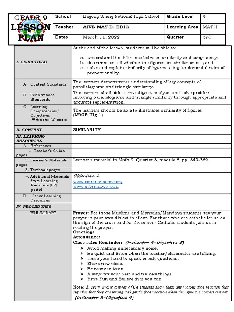 Lesson Plan Grade9Q3 - Similarity | PDF | Learning | Angle