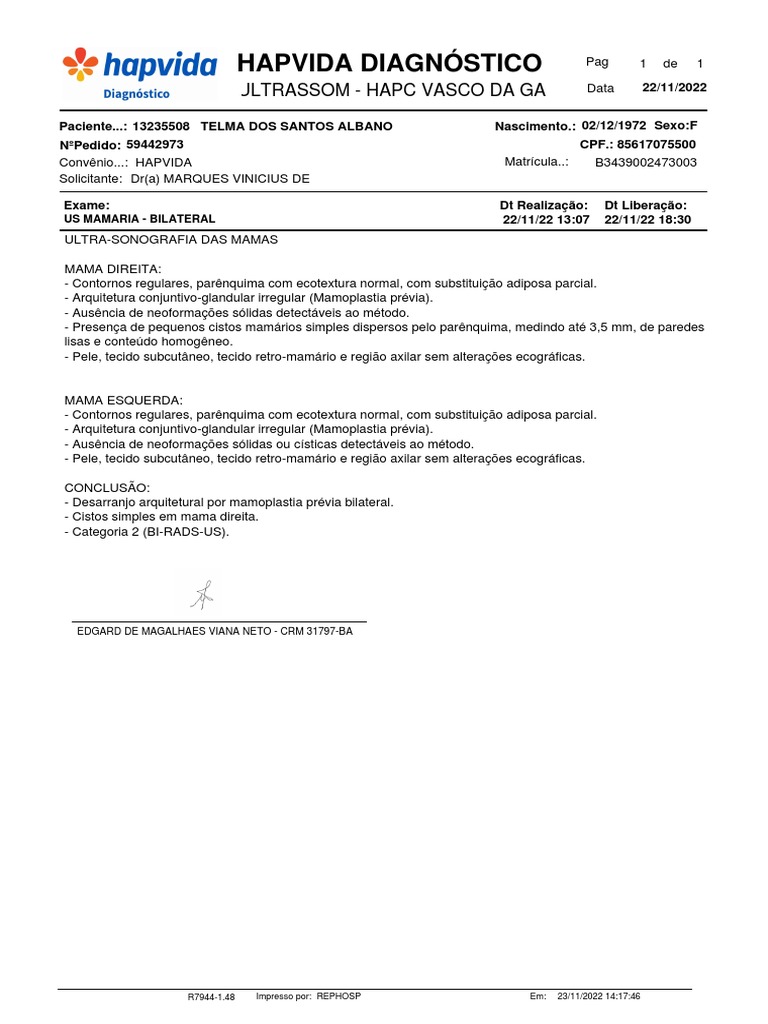 Hapvida Diagnóstico: Ultrassom - Hapc Vasco Da Ga | PDF