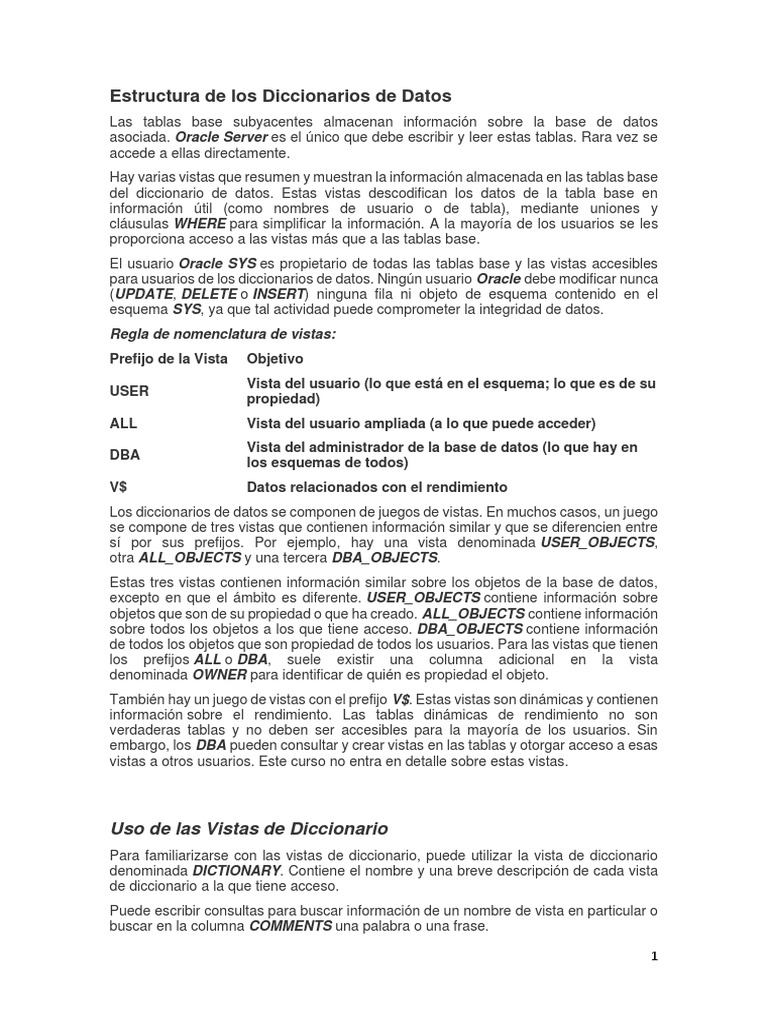 Estructura del Diccionario de Datos Oracle | PDF | Bases de datos | Datos de computadora