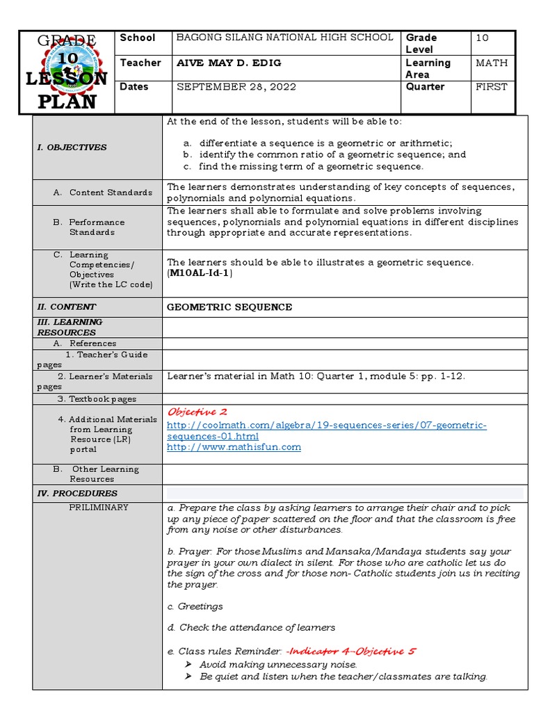 LEsson Plan Grade 10 - GEOMETRIC SEQUENCE | Download Free PDF ...