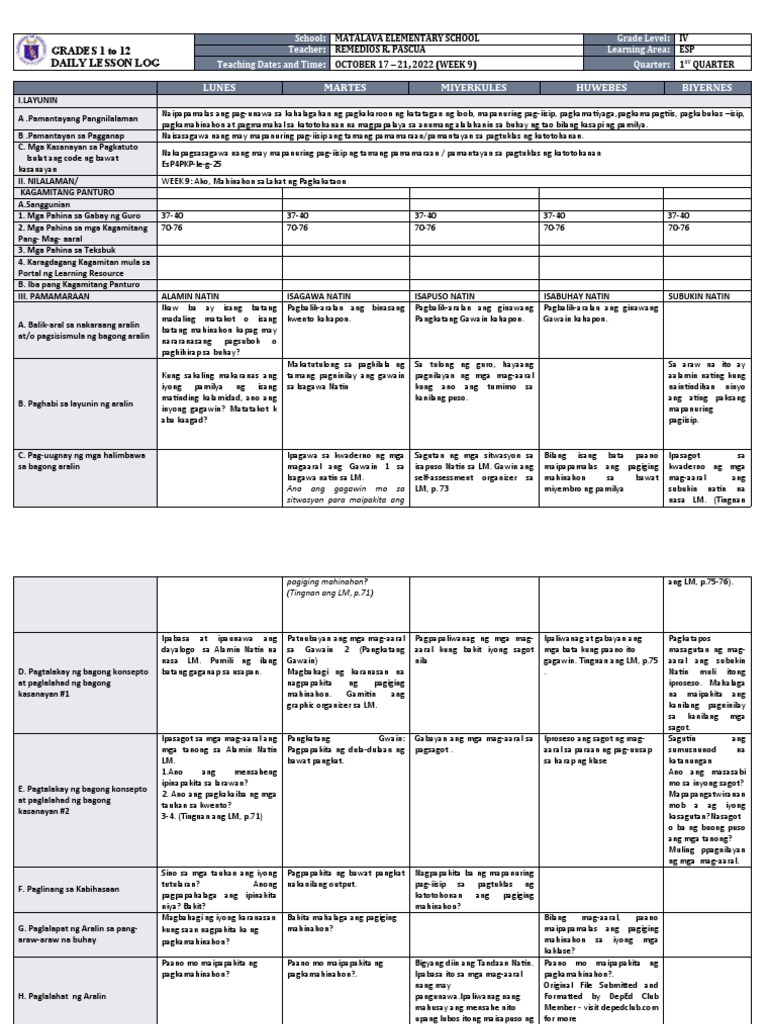 DLL - Esp 4 - Q1 - W9 | PDF
