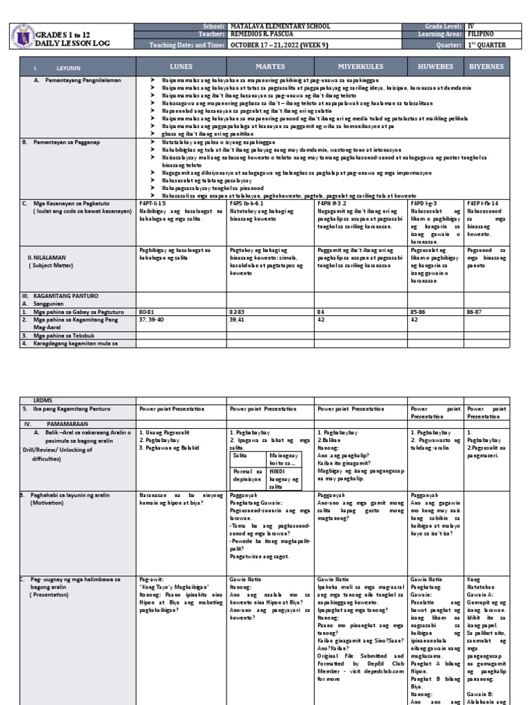 DLL - Filipino 4 - Q1 - W9 | PDF