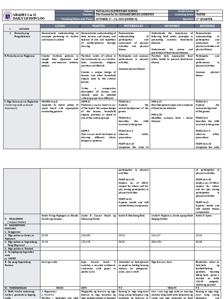 DLL - Mapeh 4 - Q1 - W9 | PDF | Rhythm | Musical Forms