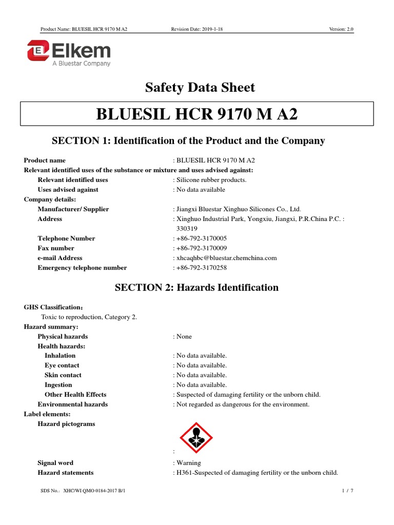 BLUESIL HCR 9170 M A2 Safety Data Sheet | PDF | Personal Protective ...