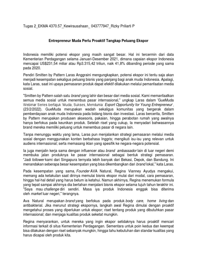 Tugas 2 - EKMA 4370.57 - Kewirausahaan - 043777947 - Rizky Priliarti P | PDF