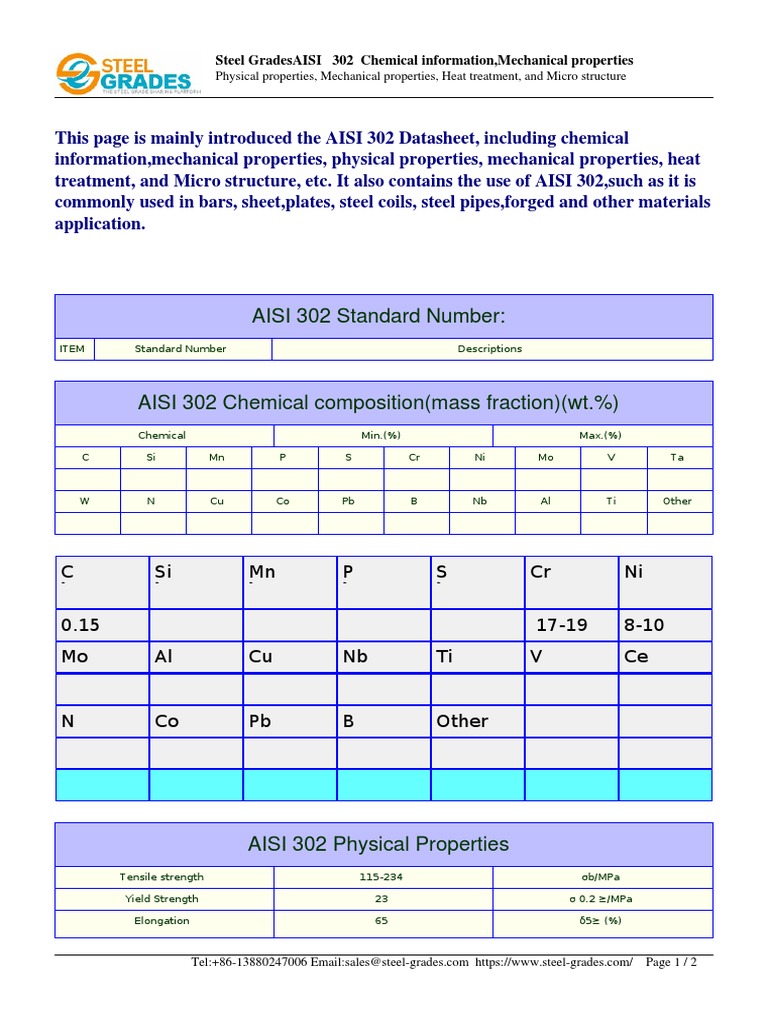 Datasheet For Steel Grades Carbon Steel AISI 302 | PDF | Rolling ...