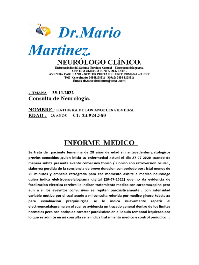 Informe Medico Engracia Mota | Descargar gratis PDF | Neurología | Enfermedades y trastornos
