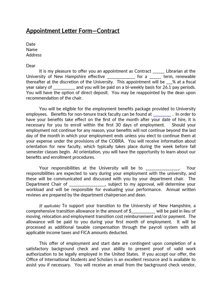 Contract Librarian Appointment Template 06 21 08 | PDF | Employment ...