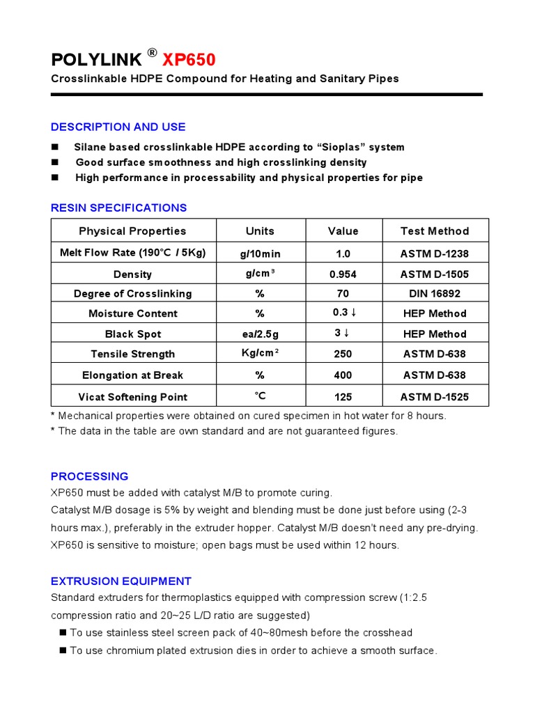 05 PEXb XP650 - 1. TDS (Data Sheet) | PDF | Extrusion | Industrial ...
