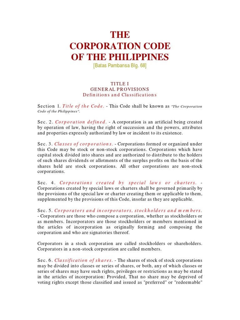The Corporation Code of The Philippines BP BLG 68 | PDF | Corporations ...