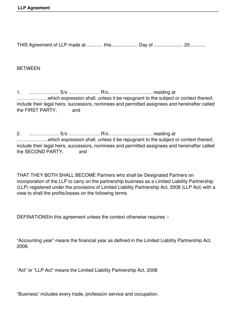 LLP Agreement Template and Guidelines | PDF | Limited Liability ...