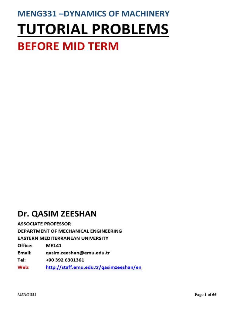 MENG - 331 - Spring 2019-2020 - TUTORIAL PROBLEMS | PDF | Mechanical Engineering | Mechanics