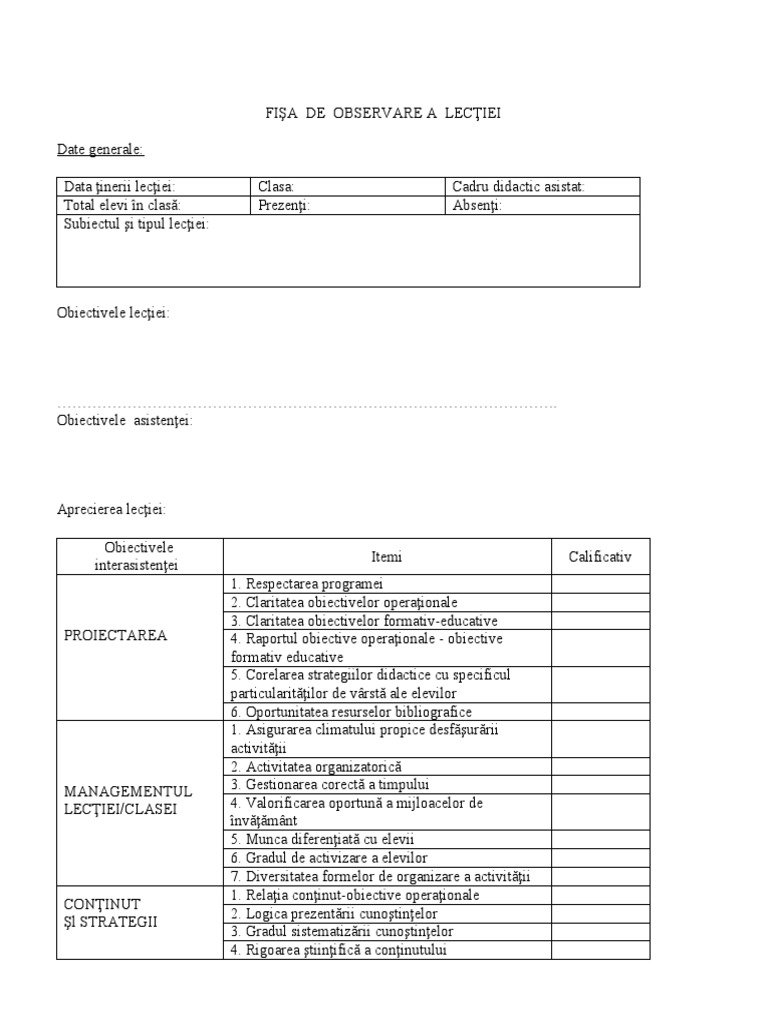 Fise de Observare A Lectiei | PDF