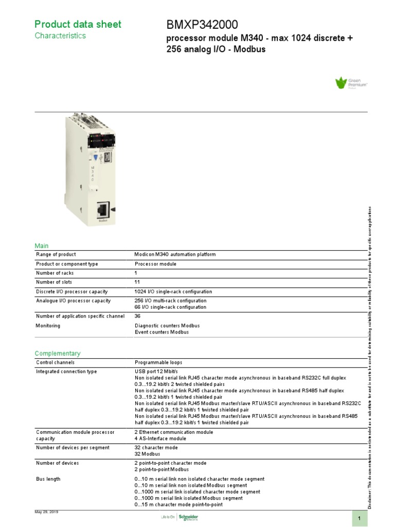 Product Data Sheet for the Modicon M340 Processor Module BMXP342000 ...