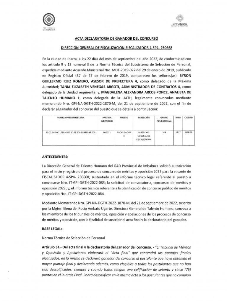 2022 SEP 1060000180001 GANADOR 280-250668-Acta-Declaratoria-Ganador | PDF