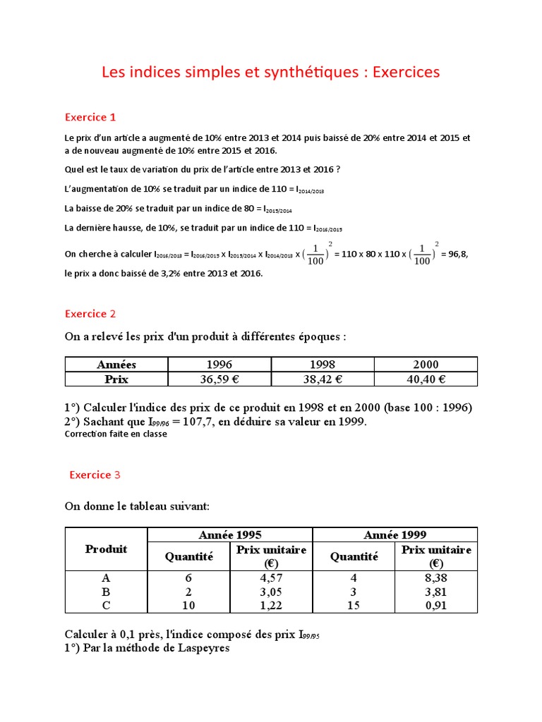 Exercices sur les indices statistiques | PDF