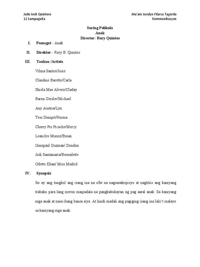 Suring Pelikula Anak Director: Rory Quintos I. Pamagat - Anak II ...