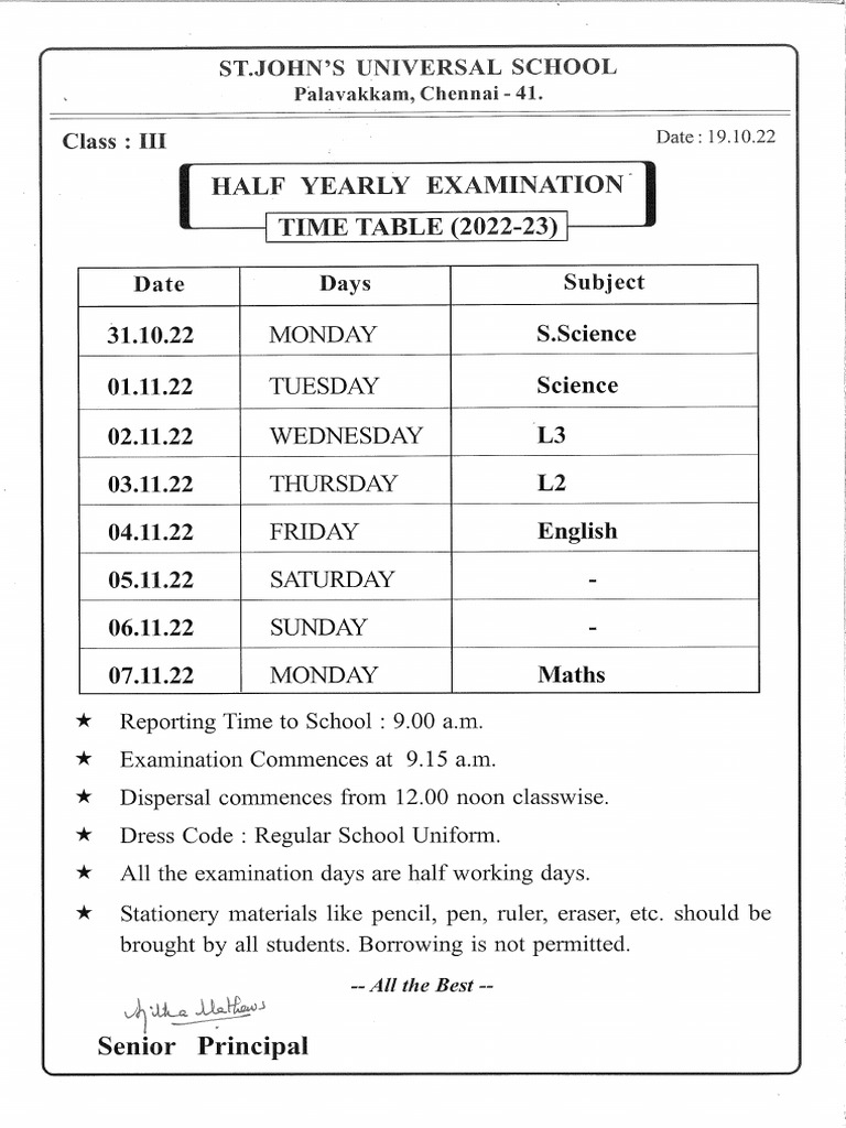 III - Half Yearly Exam Time Table | PDF