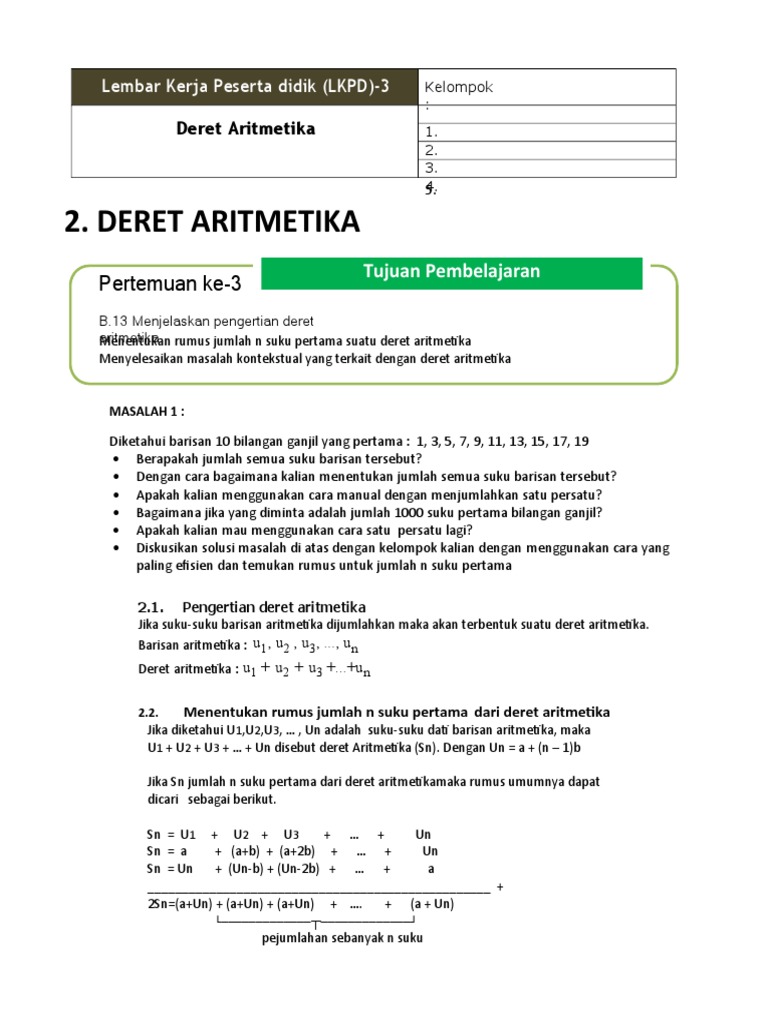 Bahan Ajar Dan LAS Deret Aritmetika | PDF