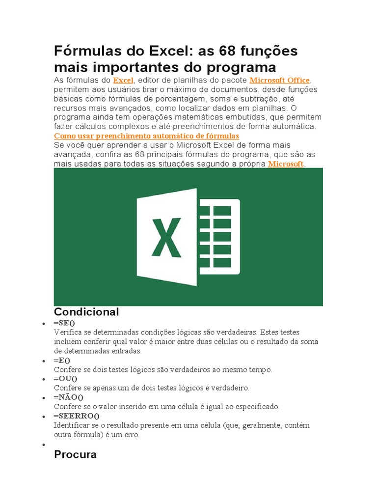 Fórmulas Do Excel | Download grátis PDF | Planilha | Microsoft Excel