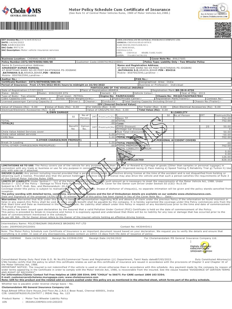 Chola MS: Motor Policy Schedule Cum Certificate of Insurance | PDF