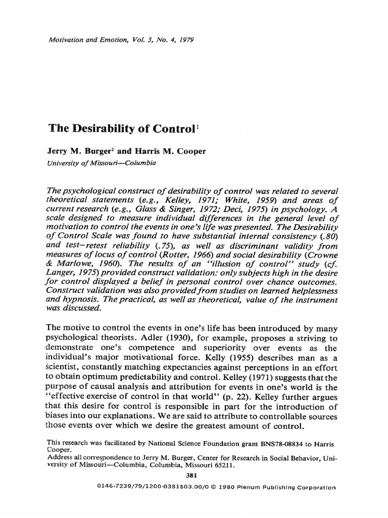 Burger, J. M., & Cooper, H. M. (1979) - The Desirability of Control ...