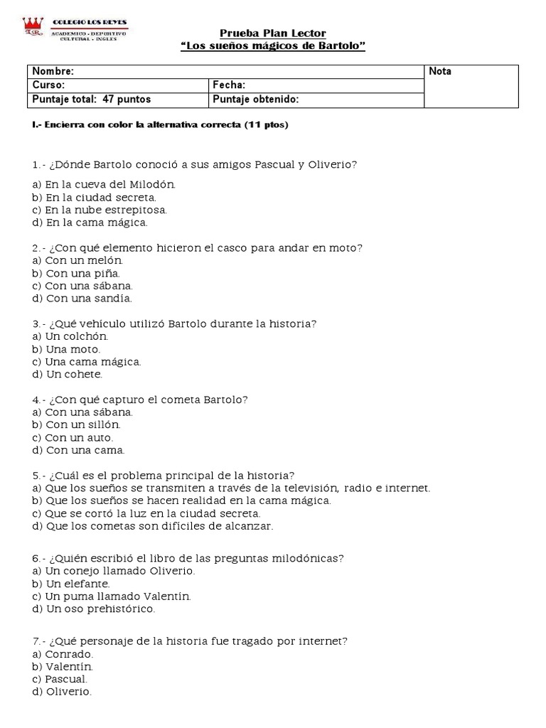 Prueba Plan Lector de Bartolo | PDF