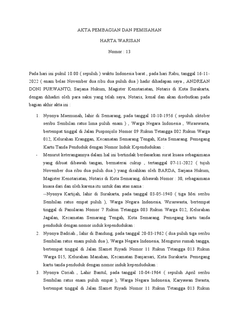 Akta Pembagian Dan Pemisahan v.3 | PDF