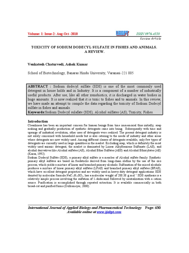 SDS Toxicity in Aquatic Life | PDF | Sodium Dodecyl Sulfate | Kidney