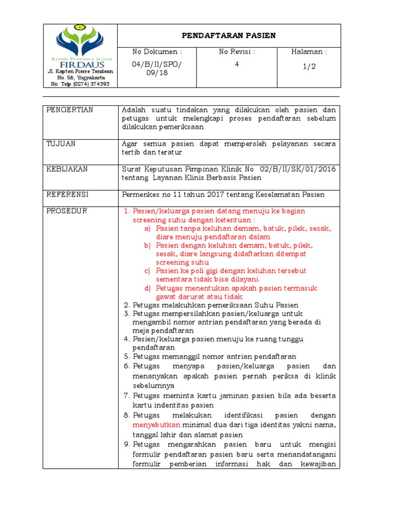Spo Pendaftaran Pasien Revisi Agustina 2021 | PDF