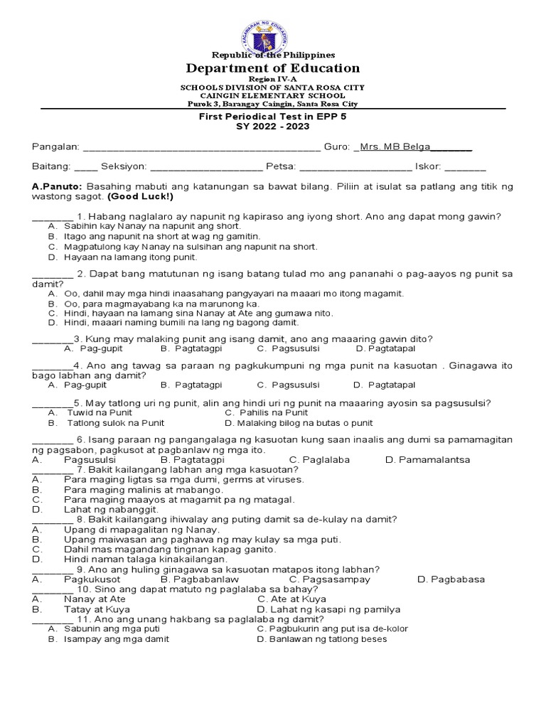 Epp 1st Periodical Test H E Pdf