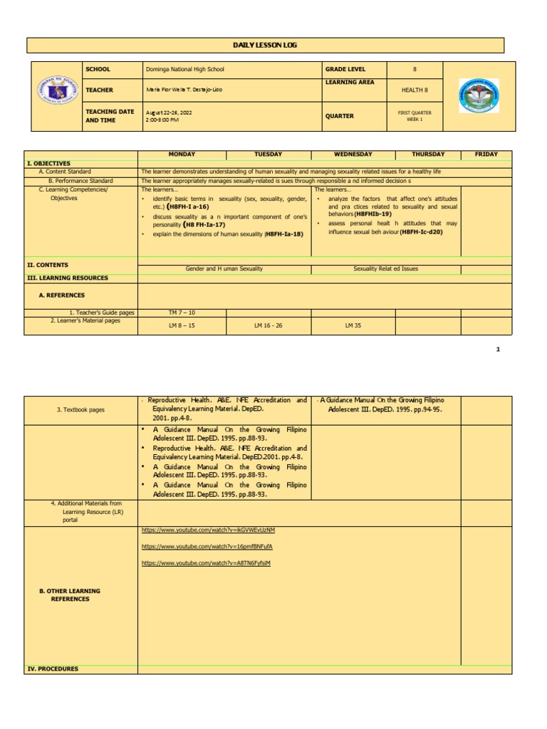 Q1 Grade 8 HEALTH DLL Week 1 | PDF | Gender Studies | Gender