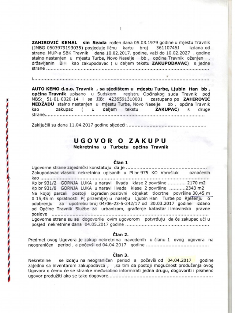 Ugovor o Zakupu 1 | PDF