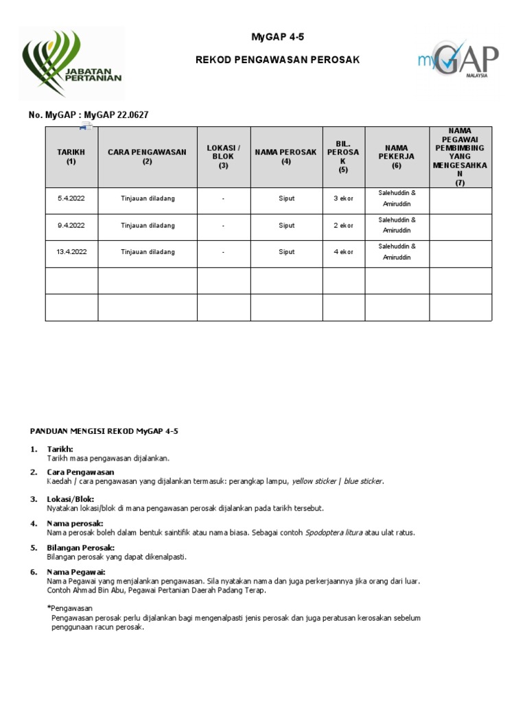 Rekod Pengawasan Perosak MyGAP | PDF