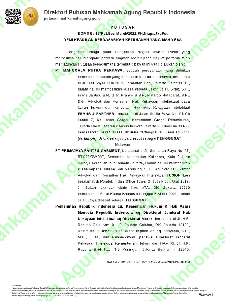 Putusan 15 PDT - Sus-Hki Merek 2021 PN Niaga JKT - PST 20220924120312 | PDF