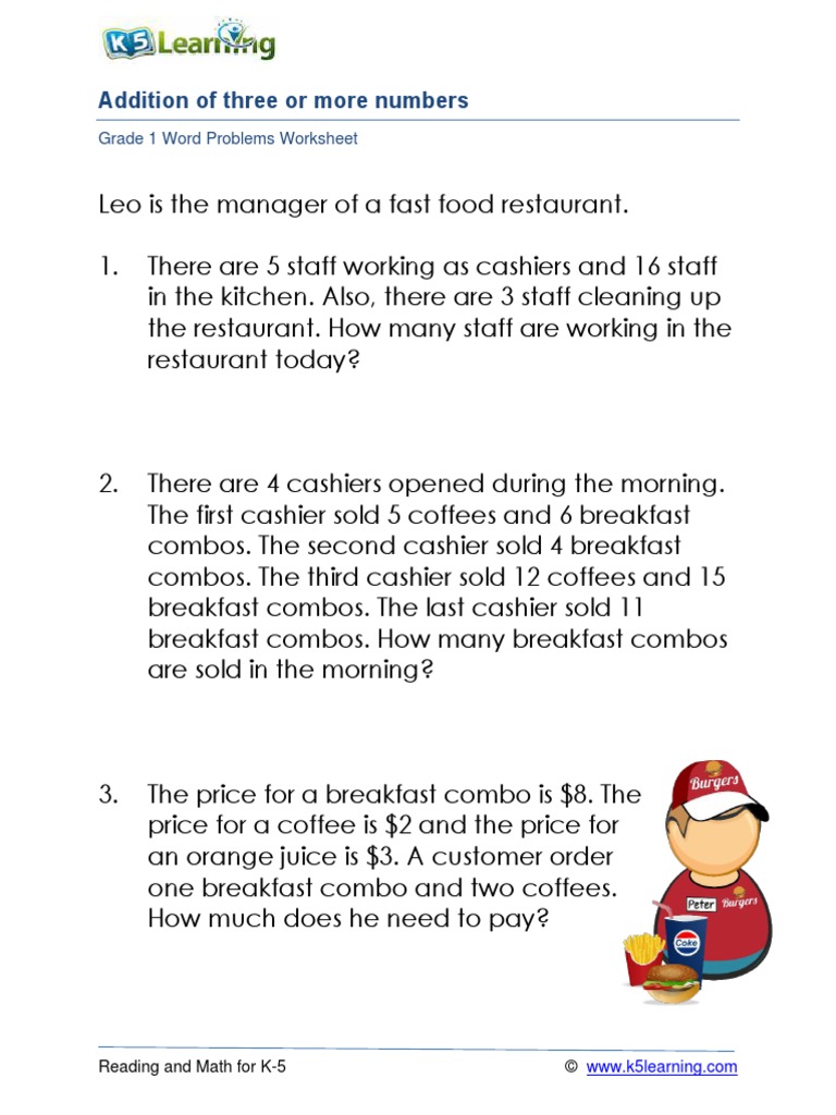 Grade 1 Addition Word Problems 3 Numbers C PDF
