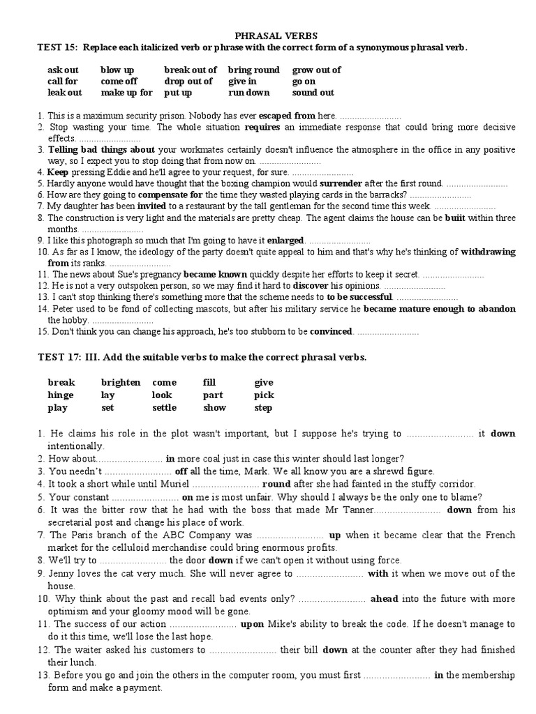 Phrasal Verbs Test 151719 | PDF