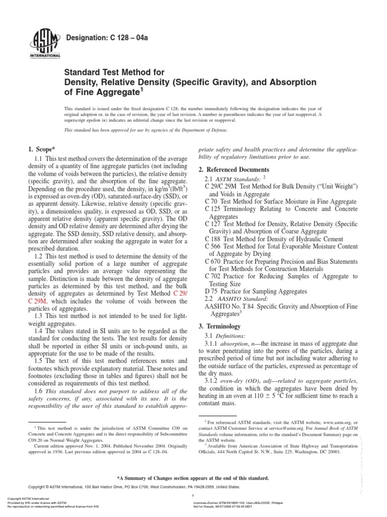 Astm C 128-04 | PDF | Density | Porosity
