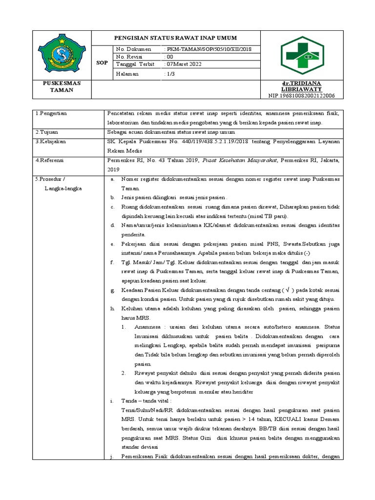 Sop Pengisian Status Rawat Inap Umum | PDF