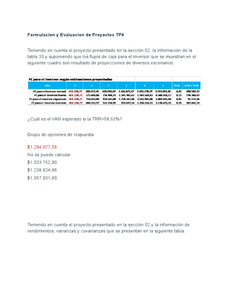 Evaluación de Proyectos de Inversión TP4 | PDF | Desviación Estándar | Inversiones
