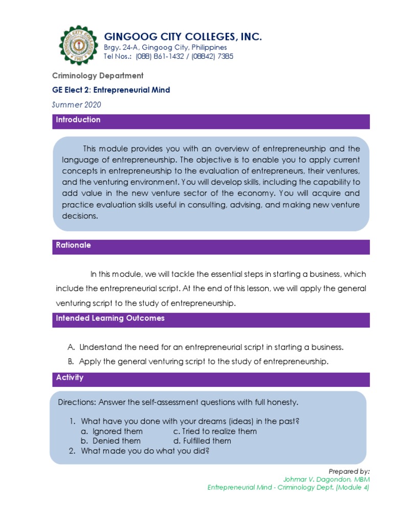 MODULE 4 ENTREPRENEURIAL MIND - Edited | PDF | Entrepreneurship ...