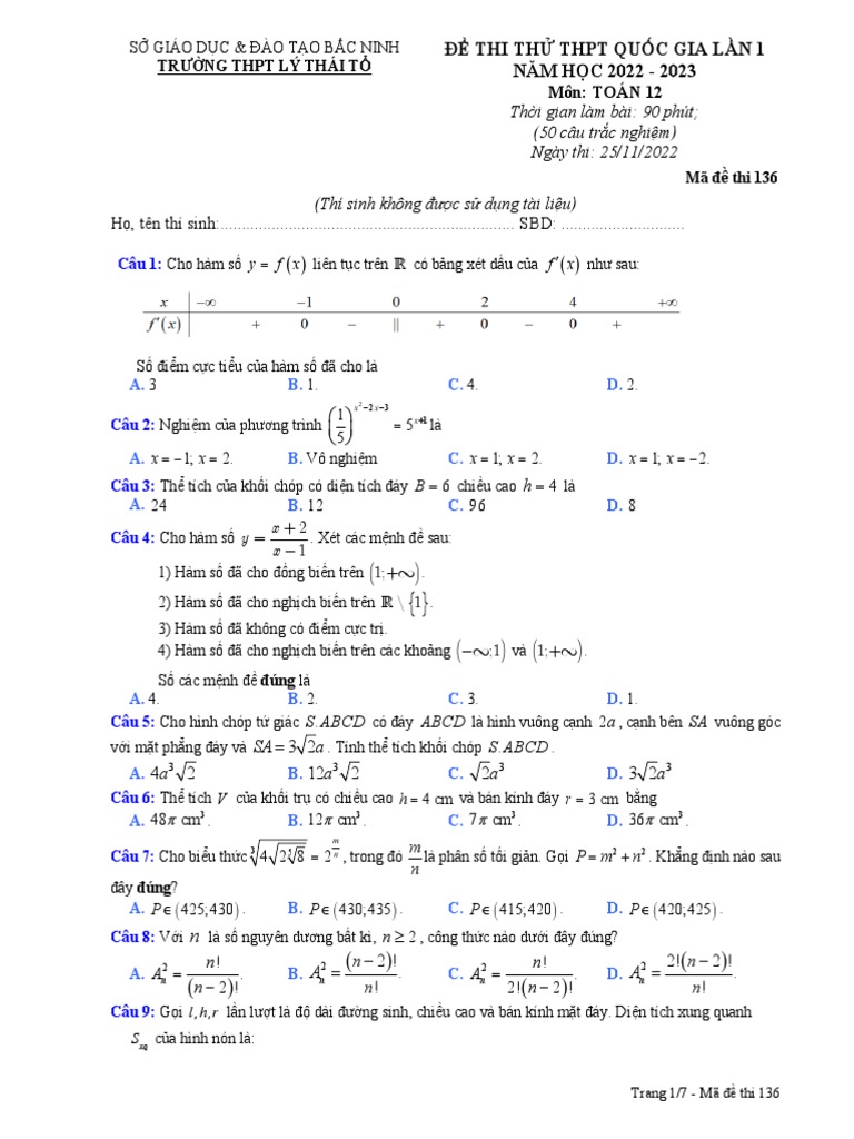 De Thi Thu THPT QG 2023 Lan 1 Mon Toan Truong THPT Ly Thai To Bac Ninh | PDF