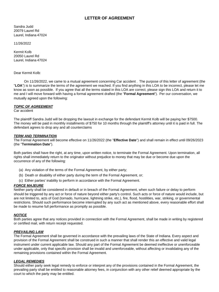 Letter of Agreement (Copy) - Edited | PDF | Legal Remedy | Justice